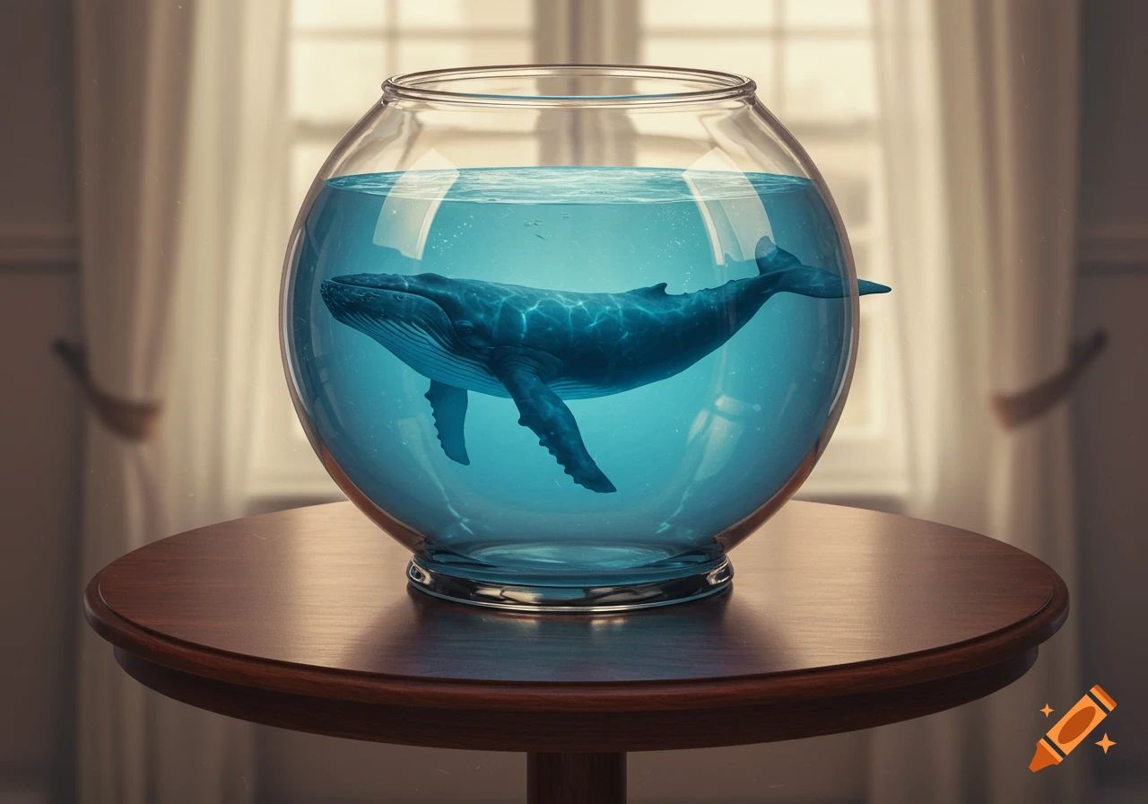 A large blue whale swims inside a glass fishbowl on a wooden table in a ...