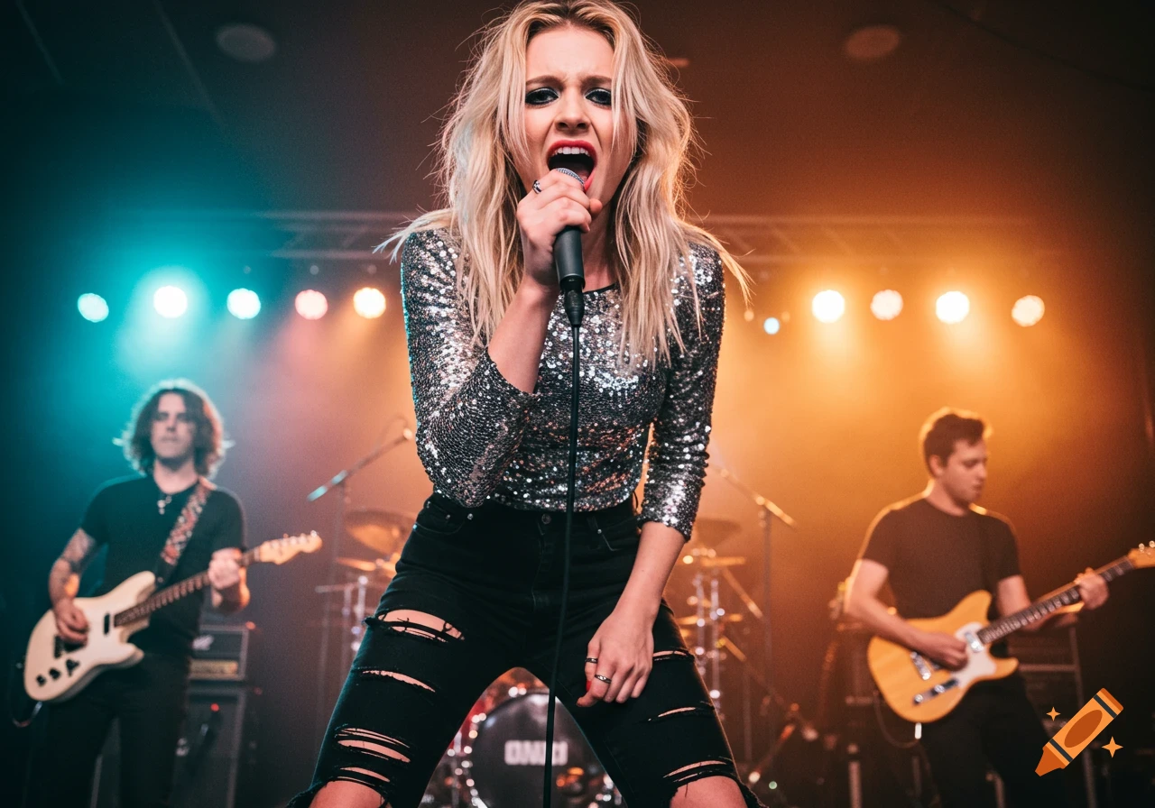 Young blonde woman sings into a microphone on stage with a rock band in ...