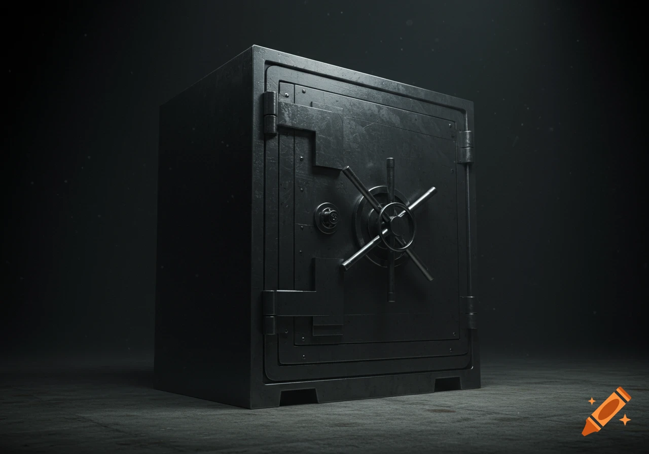 A large, dark grey metal safe is viewed from a low angle with dramatic ...