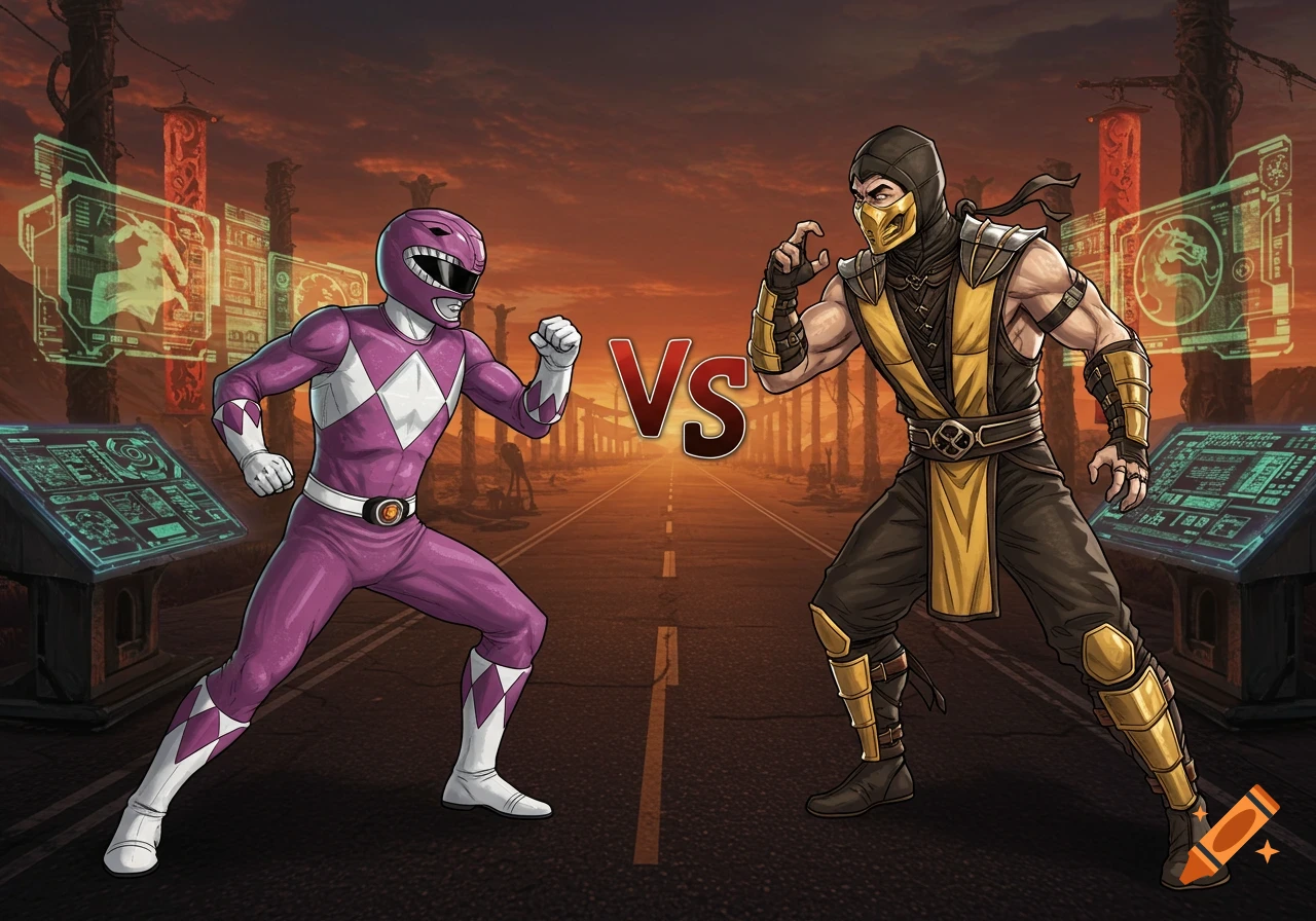 Purple Power Ranger and Scorpion face off on a desert road with tech ...