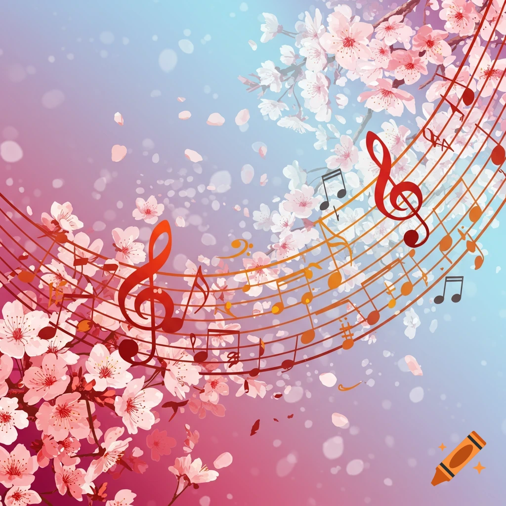 Pink cherry blossoms and red musical notes on a curved staff float ...