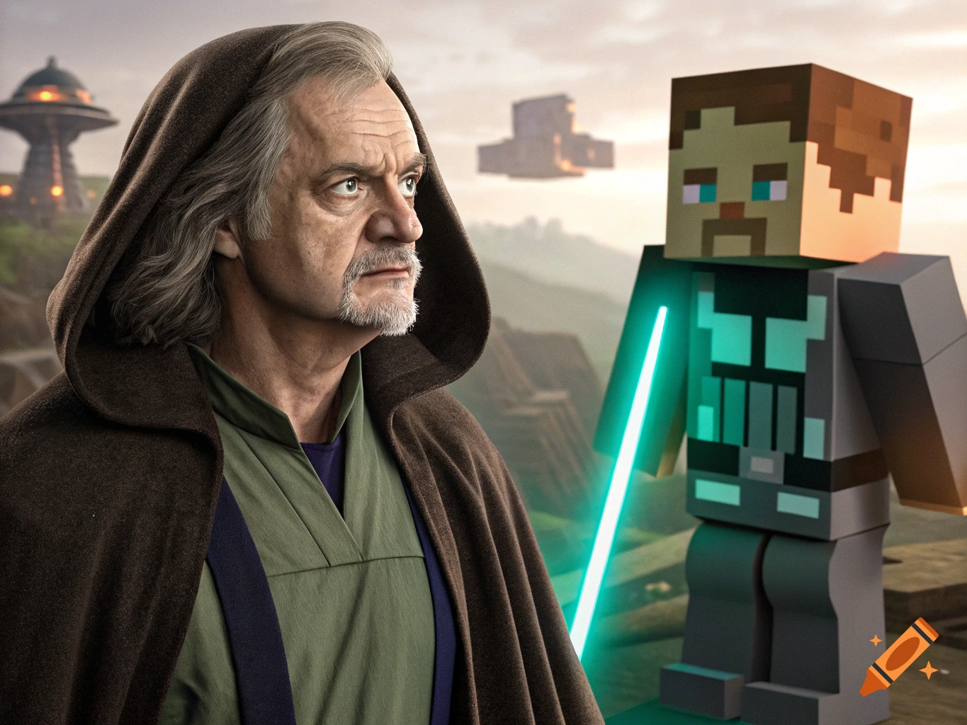 Realistic man in hooded robe next to blocky character with glowing ...