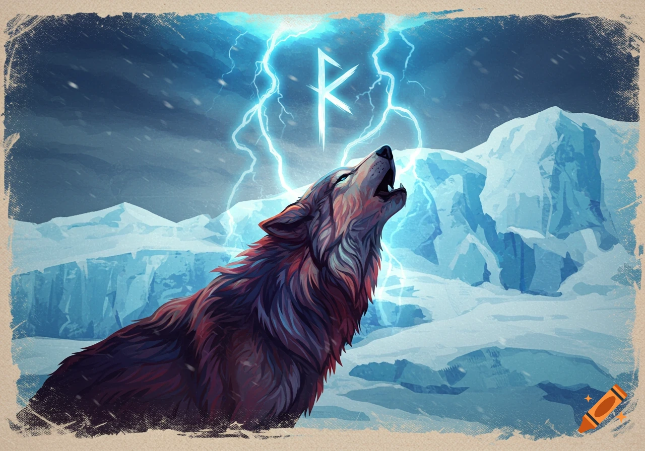 Stylized illustration of a howling wolf on a glacier under lightning ...