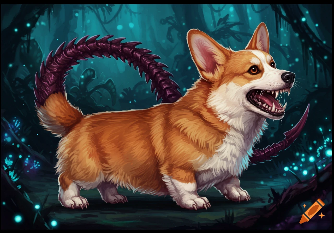 An illustration of a Corgi Xenomorph hybrid standing in a dark, glowing ...