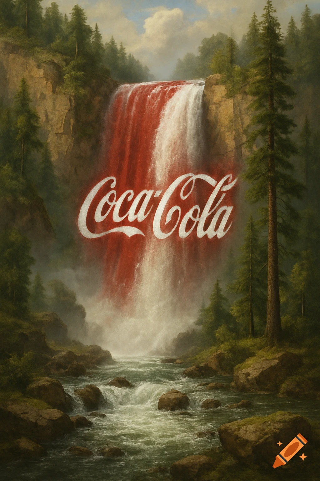 Oil painting of a red waterfall in a forest with the Coca-Cola logo on ...