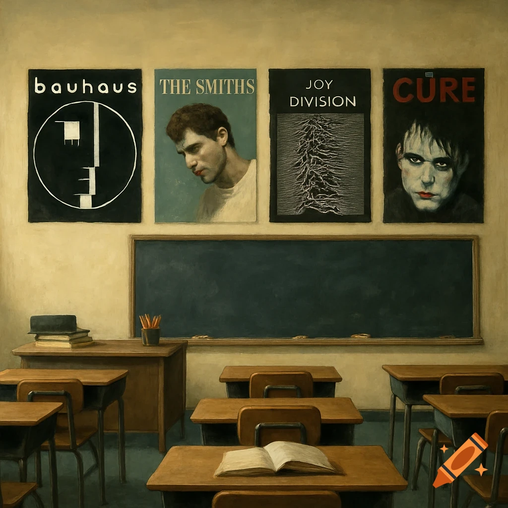 Painted style classroom with posters for Bauhaus, The Smiths, Joy ...
