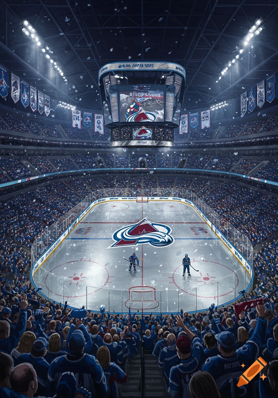 High angle view of a hockey game in a packed Colorado Avalanche themed ...