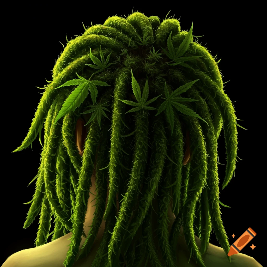 The back of a person's head covered in green dreadlocks made of ...
