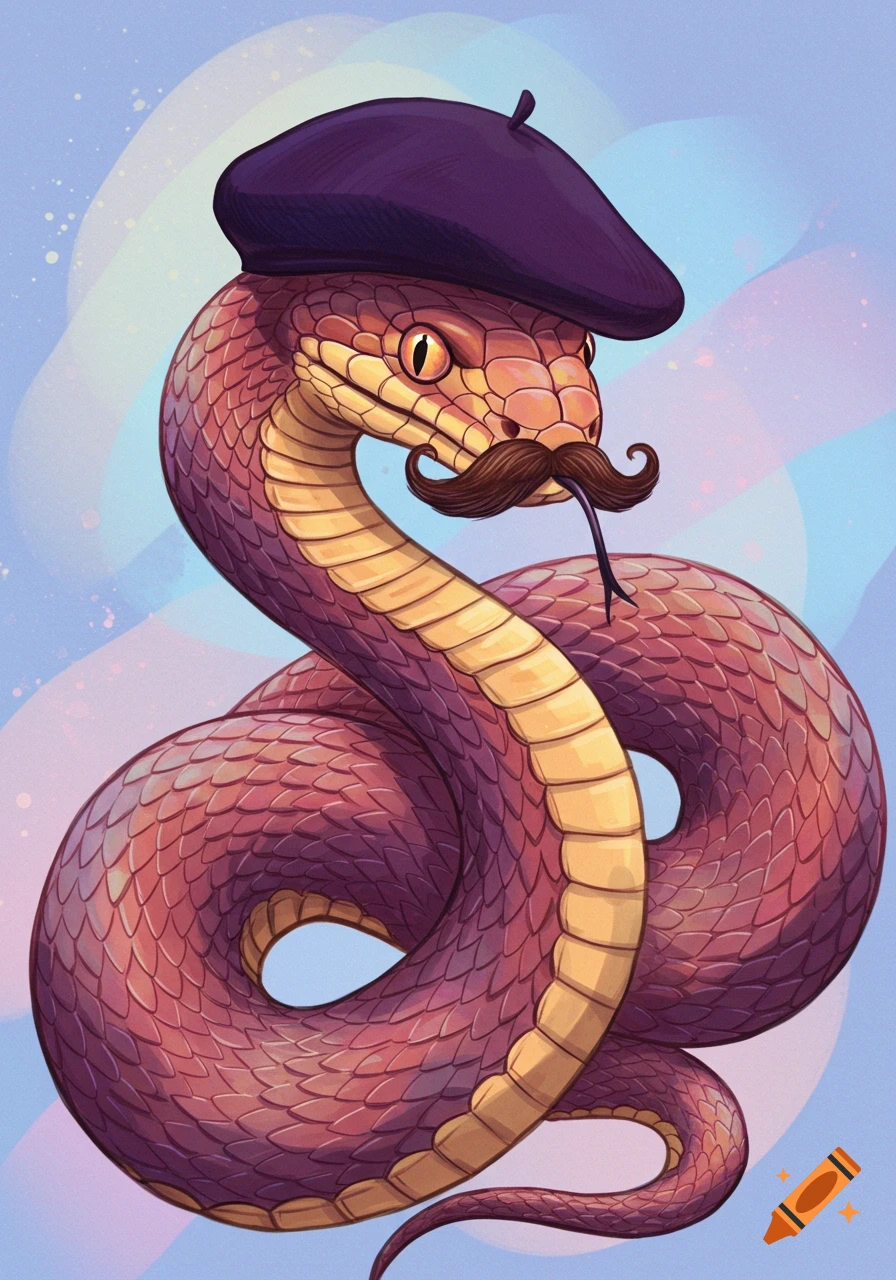 Illustration of a snake wearing a purple beret and a handlebar mustache ...