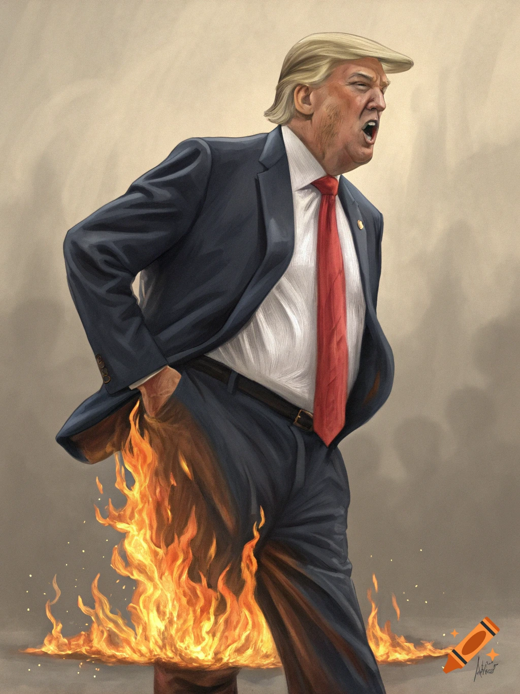 Illustration of Donald Trump with his pants on fire on Craiyon
