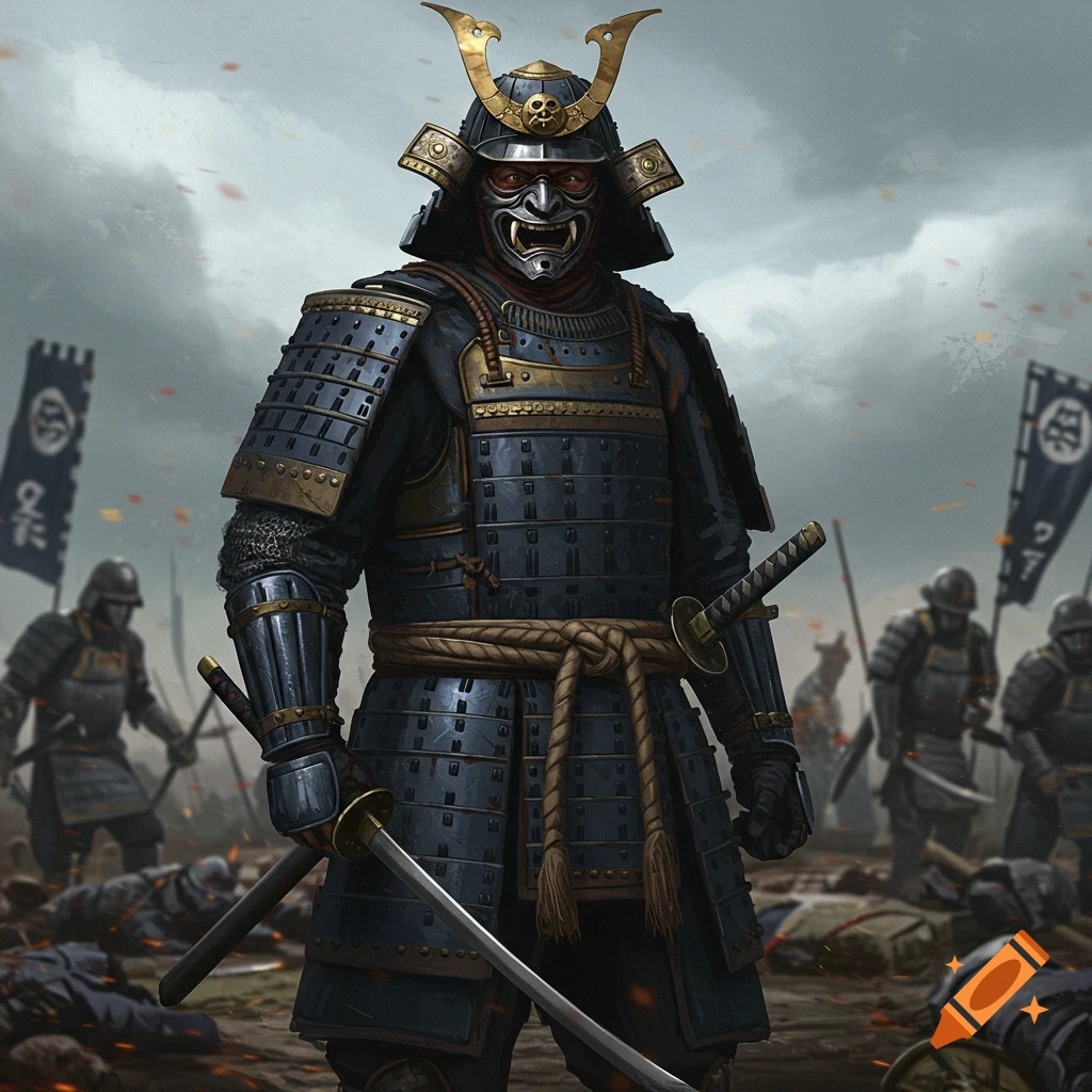 A samurai in full armor stands on a battlefield with fallen soldiers ...