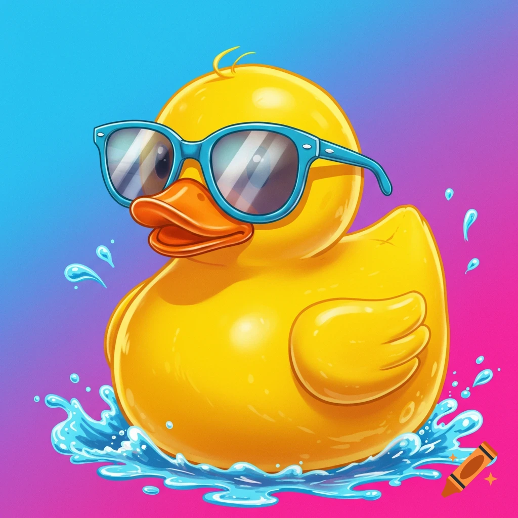 A cool cartoon rubber duck wearing blue sunglasses splashes in water ...
