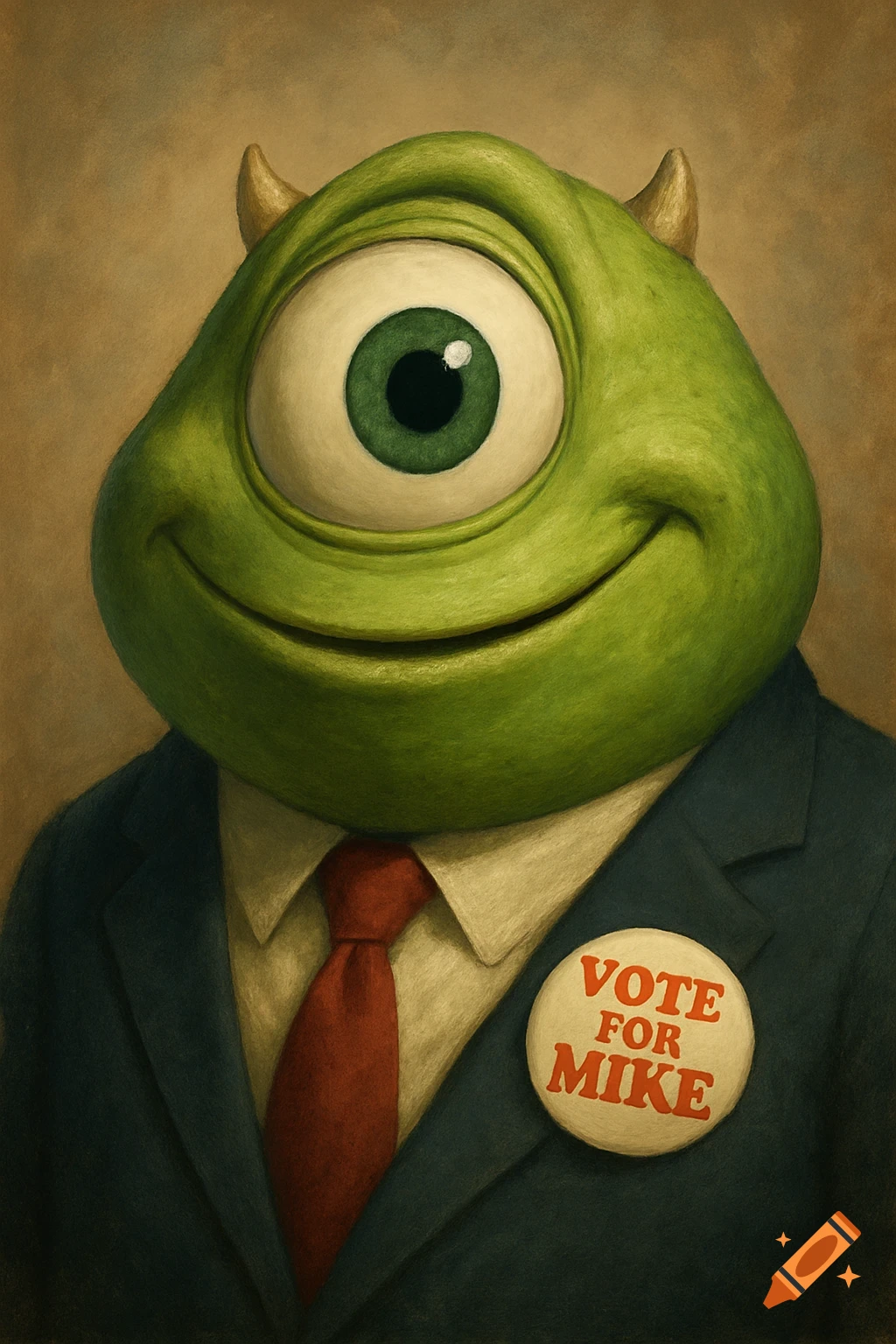 Mike Wazowski wearing a suit with a "Vote for Mike" button. on Craiyon