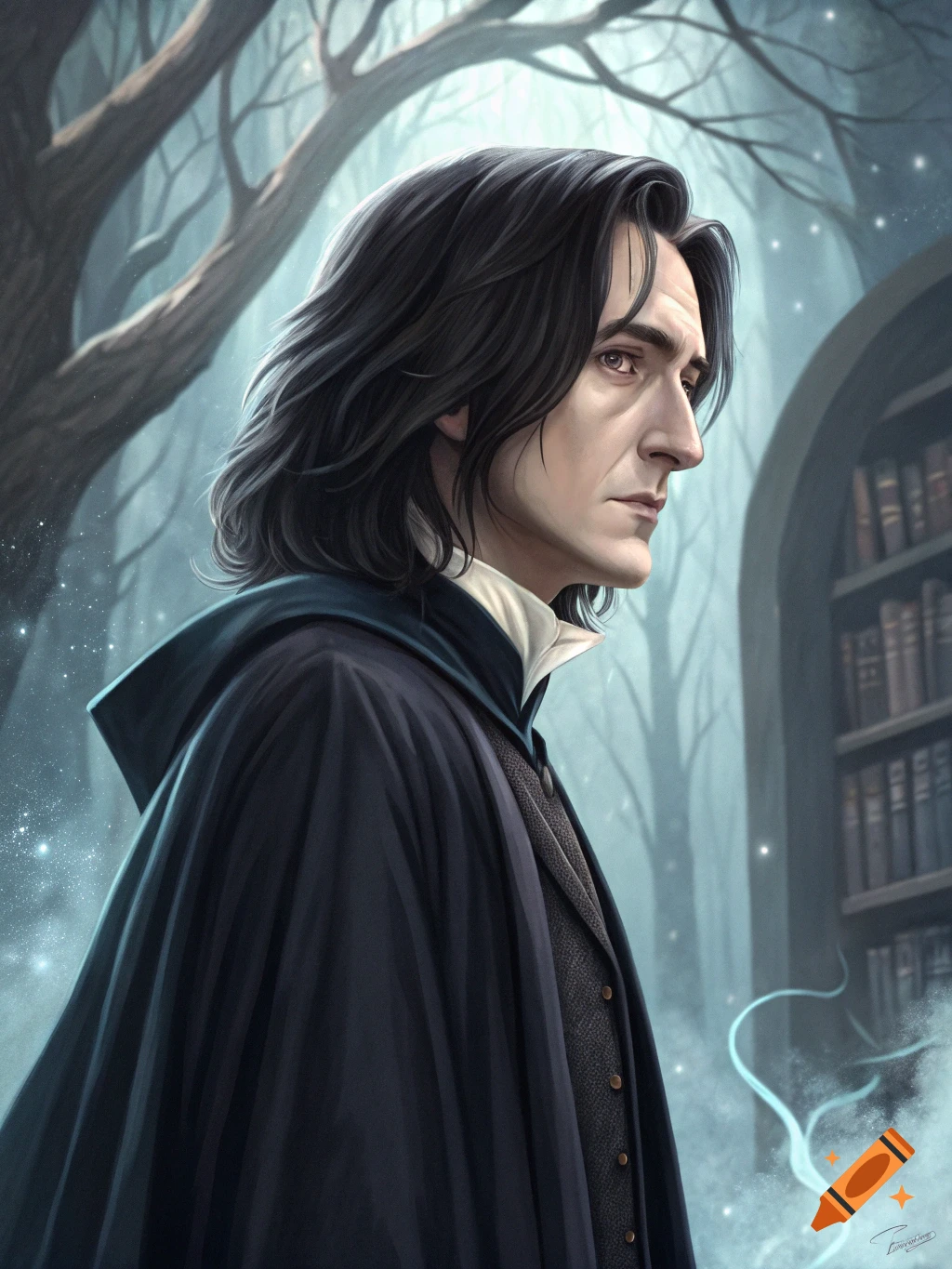 Portrait of a man resembling Severus Snape in a dark room with a ...