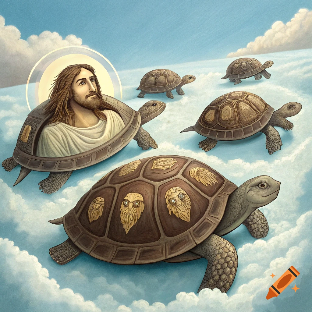 Surreal illustration of Jesus' head and torso in a turtle shell flying ...