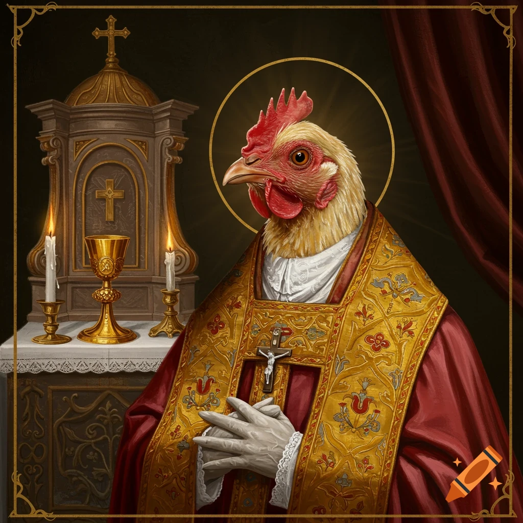 Anthropomorphic chicken priest standing at an altar with chalice and ...