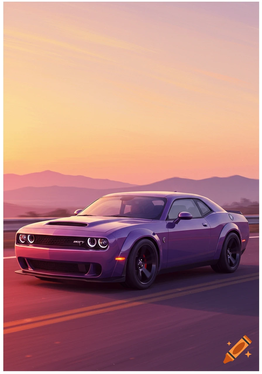Purple Dodge Challenger driving on a road at sunset with mountains. on ...