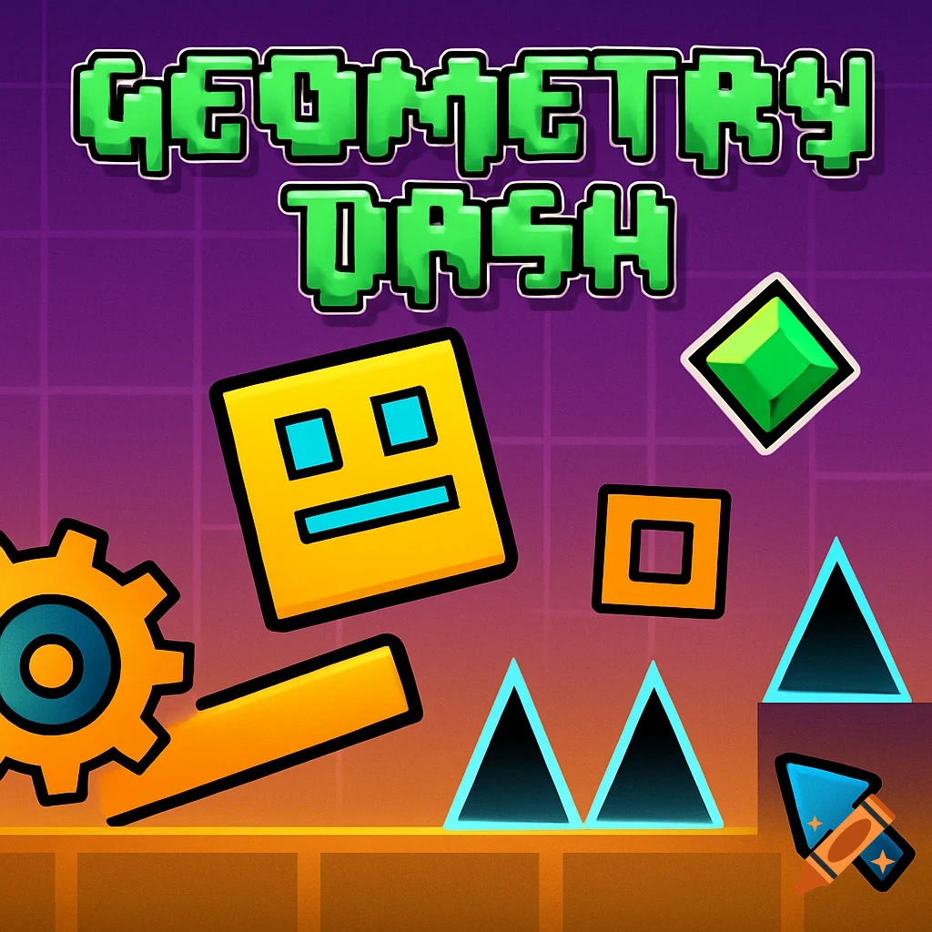 Cartoon style image featuring the Geometry Dash logo, yellow square ...