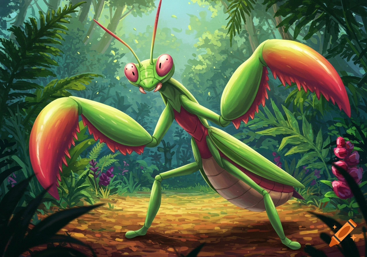 A cartoon green praying mantis stands in a jungle clearing. on Craiyon