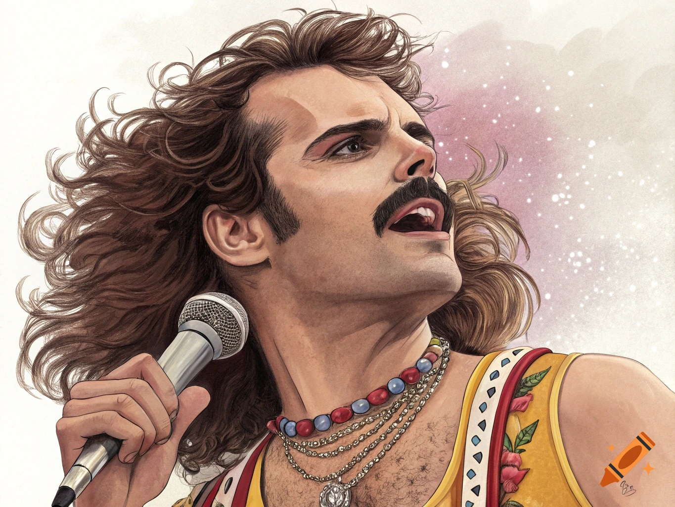 Illustration of a singer with a mustache and long hair holding a ...