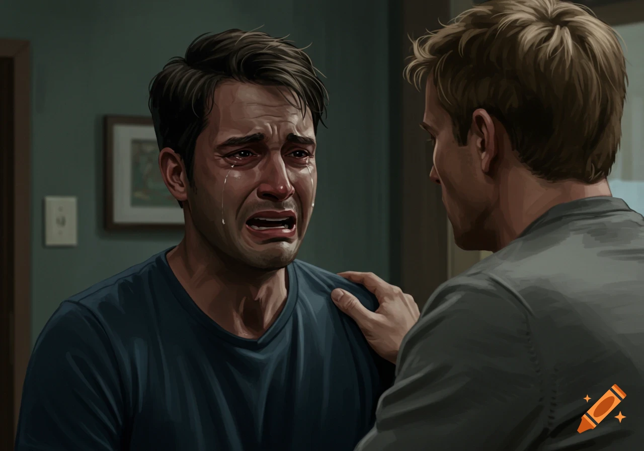 Illustration of a man crying as another man places a hand on his ...