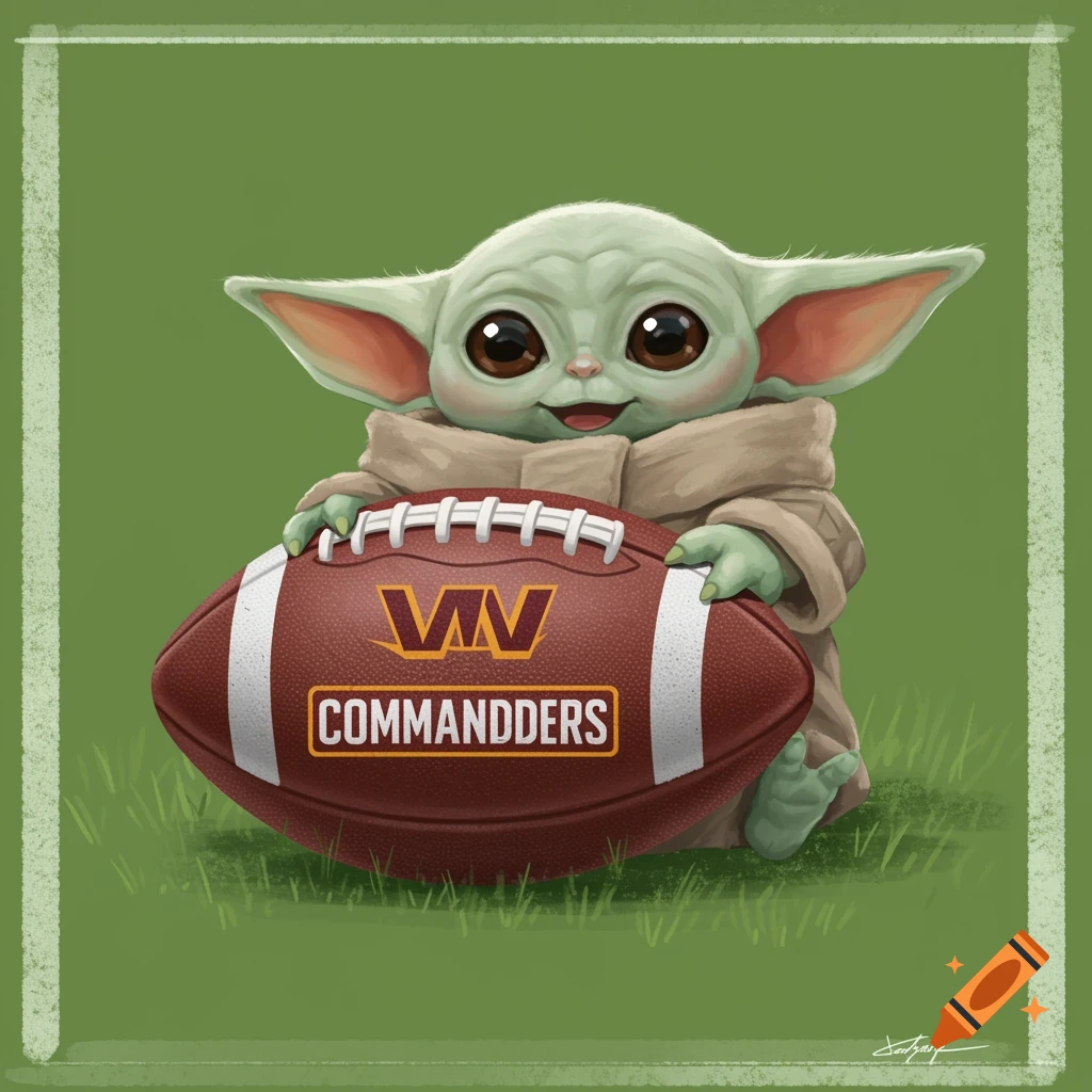 Cartoon illustration of Grogu holding a Washington Commanders football ...