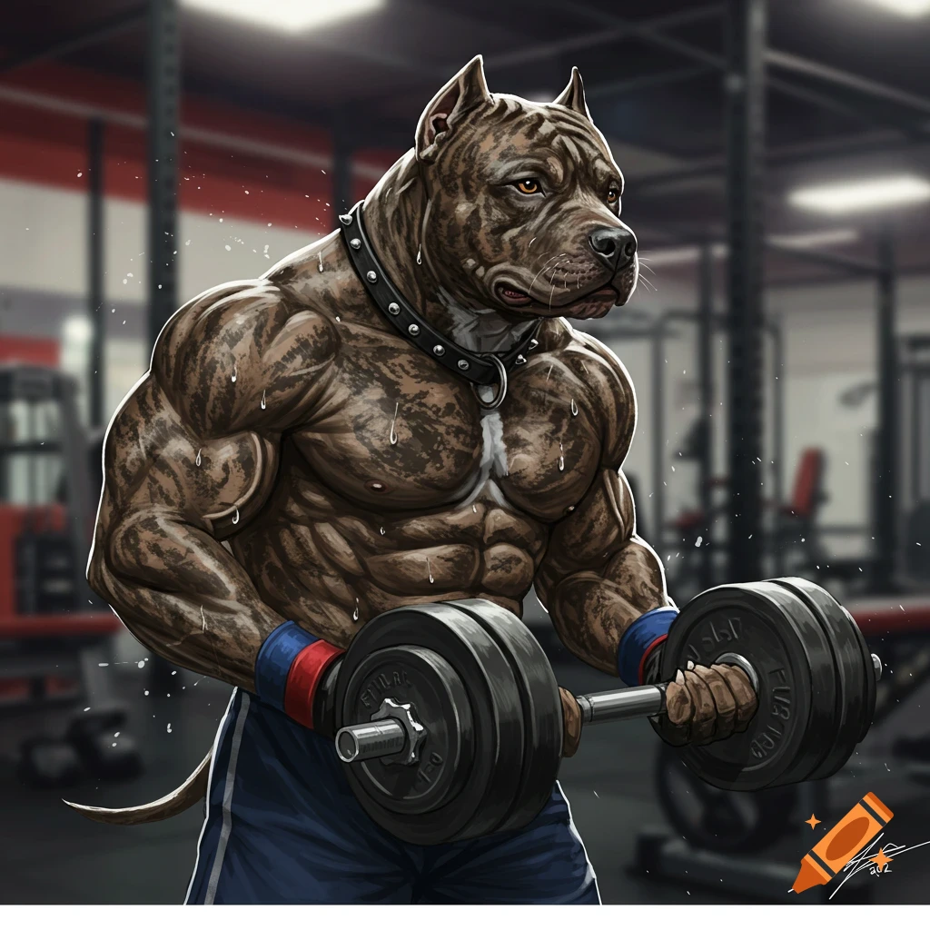 A muscular pitbull dog lifts a barbell in a gym. on Craiyon