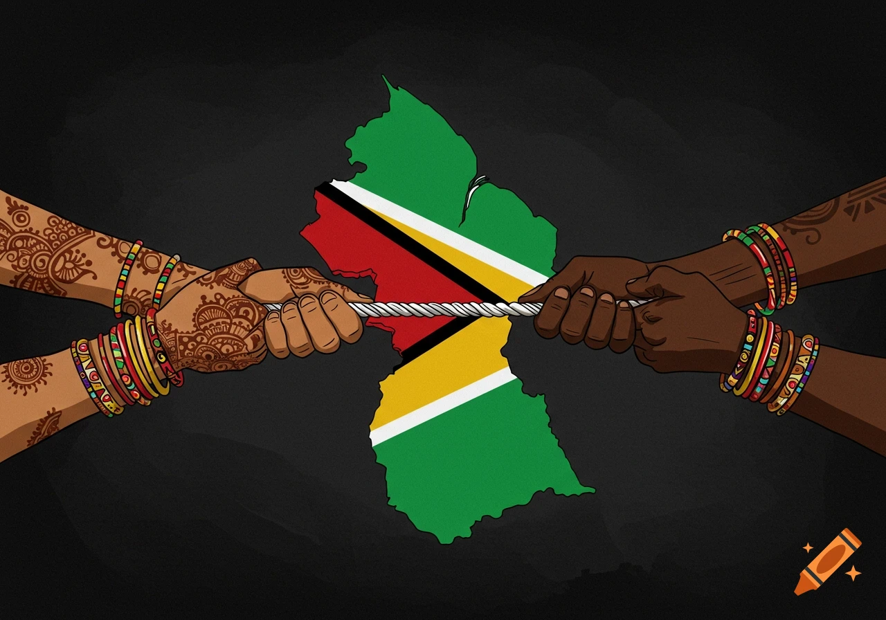 Illustration of two hands with cultural symbols pulling a rope over a ...