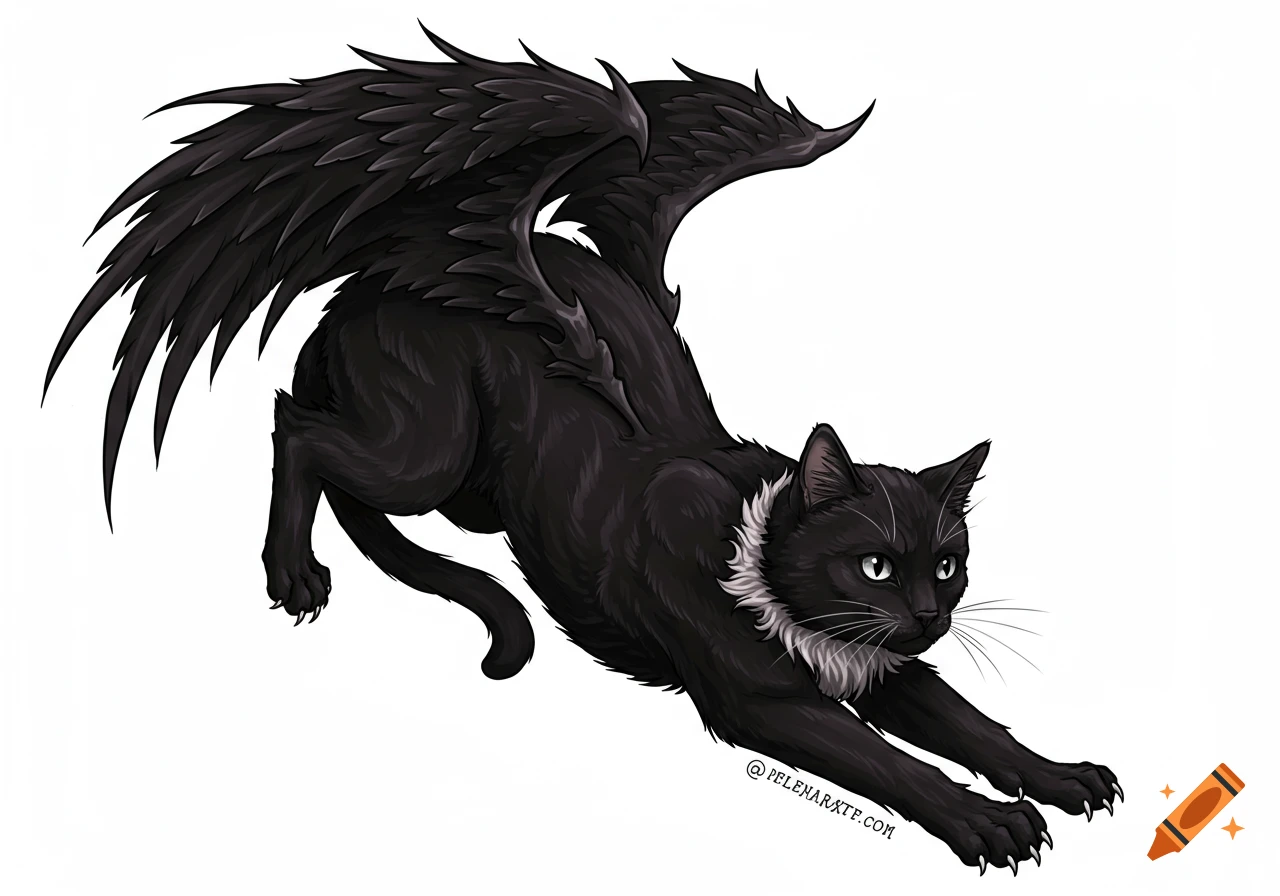 An illustration of a black cat with black devil wings stretching. on ...