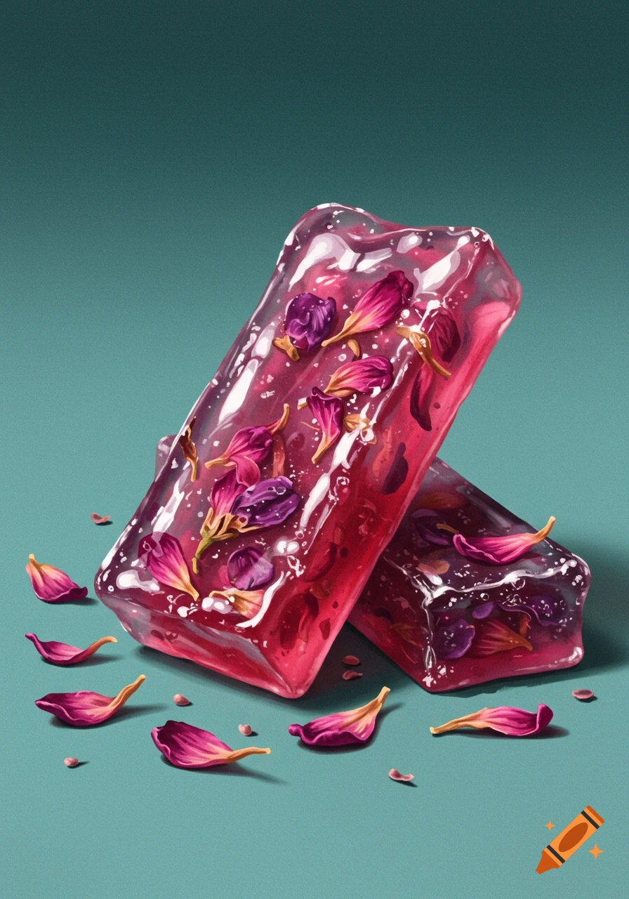 Still life illustration of two translucent pink waxy chews with flower ...