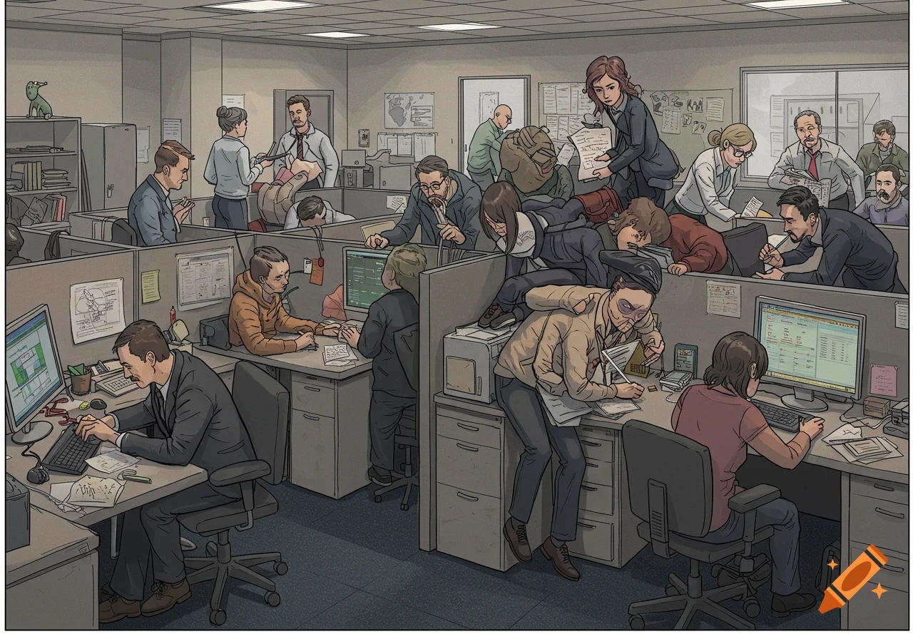 Chaotic office illustration with people crammed into cubicles, sitting ...