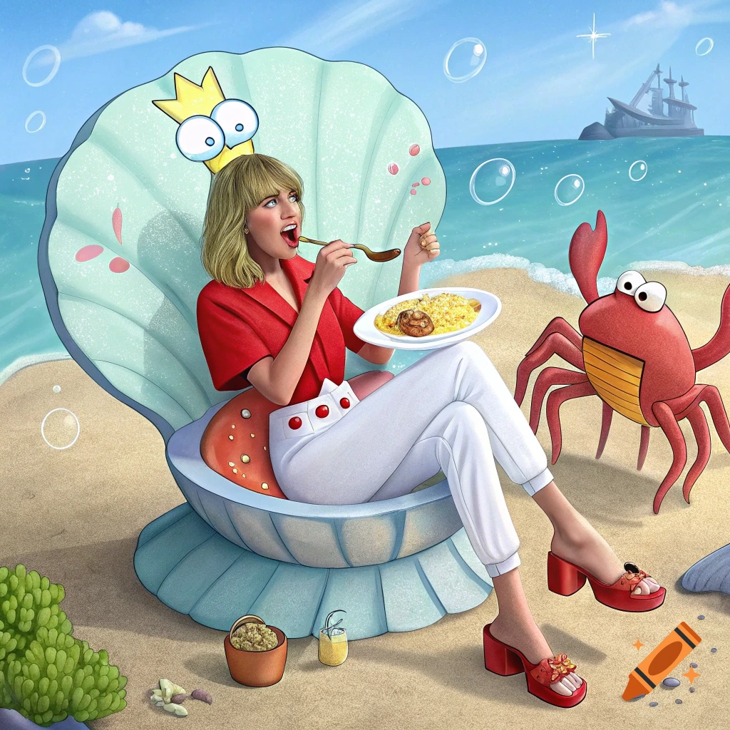 Taylor Swift sits in a giant seashell on a beach eating food, a cartoon ...