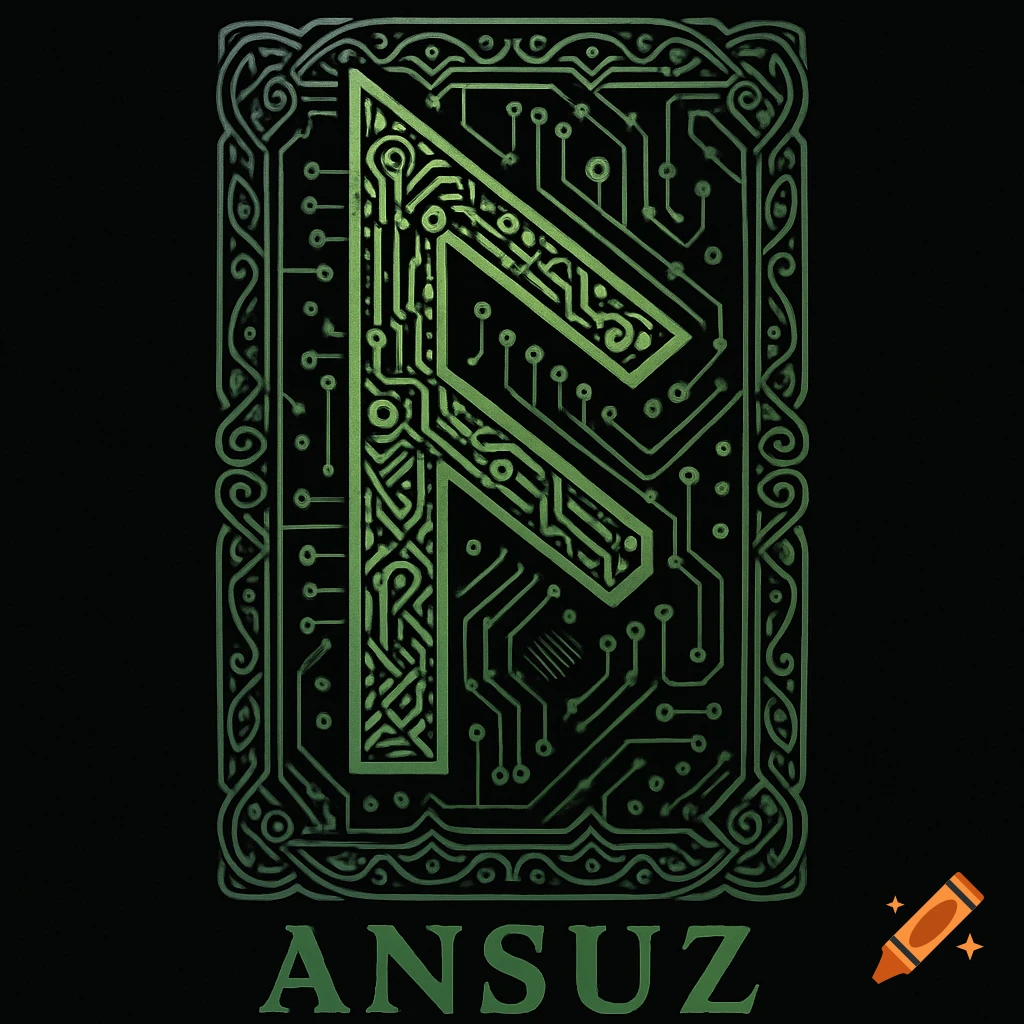 Green circuit board design in the shape of the Ansuz rune, framed by a ...