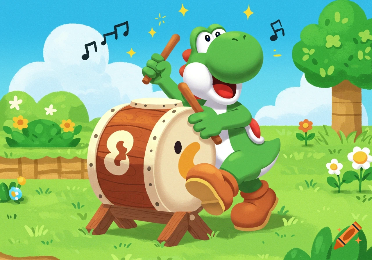 Yoshi plays a large drum in a grassy field, illustration style. on Craiyon