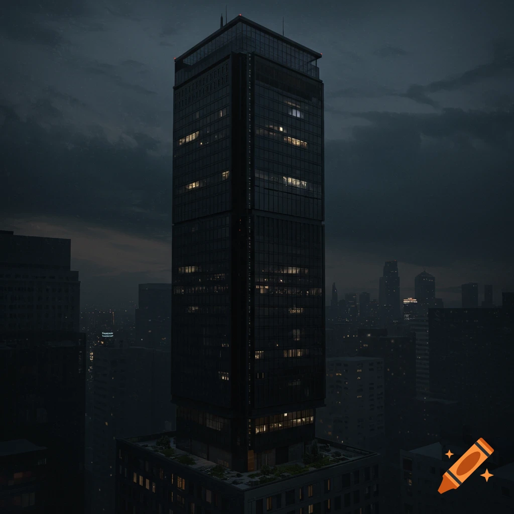 Tall dark modern building with some lights on at dusk in a city. on Craiyon