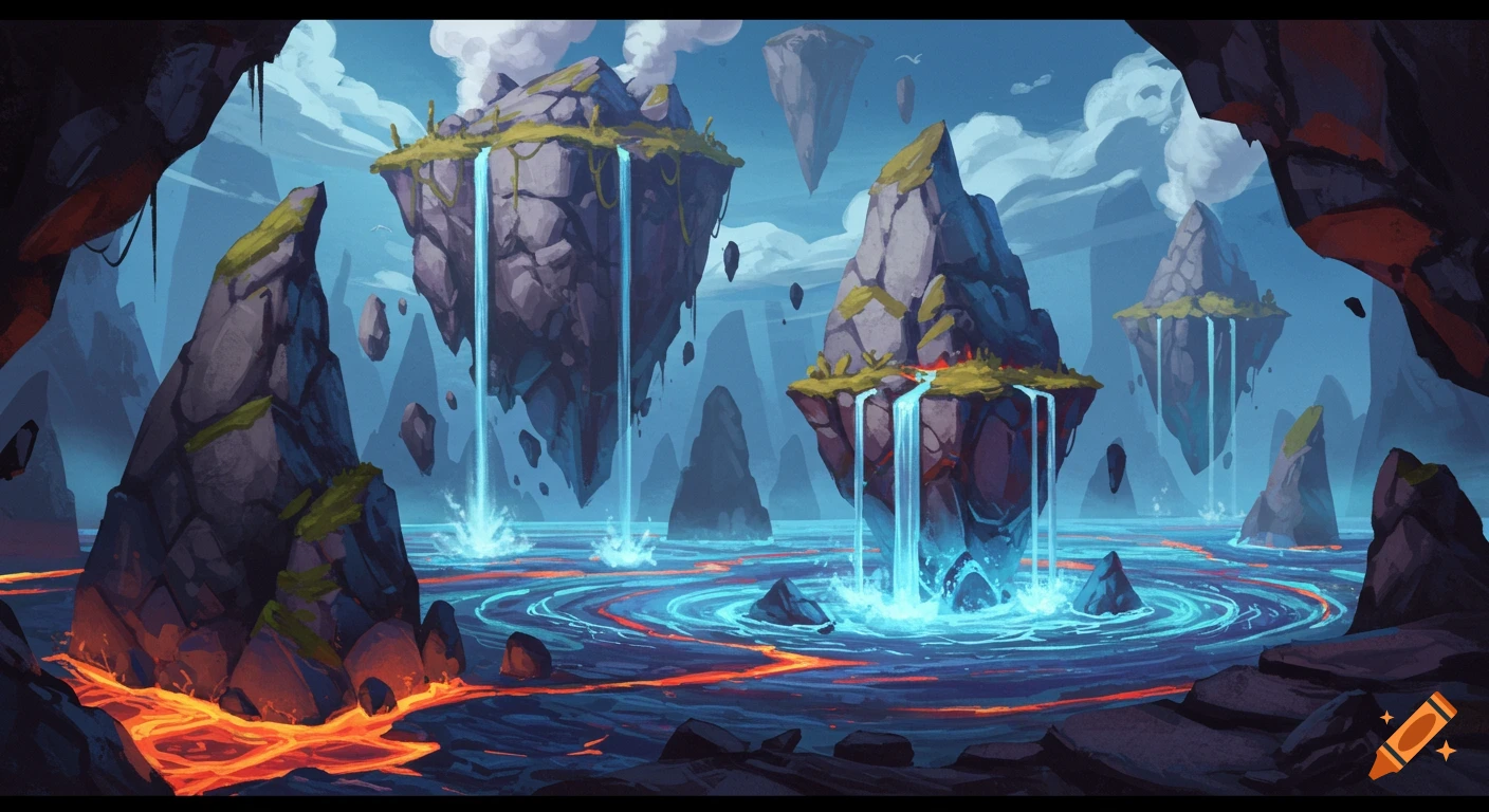 Stylized painting of floating rock islands with waterfalls over blue ...