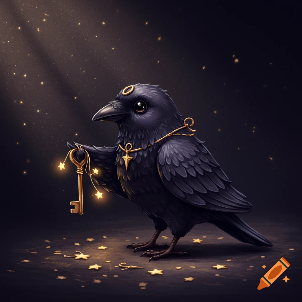 Cute black raven holding a golden key with glowing stars on a dark ...