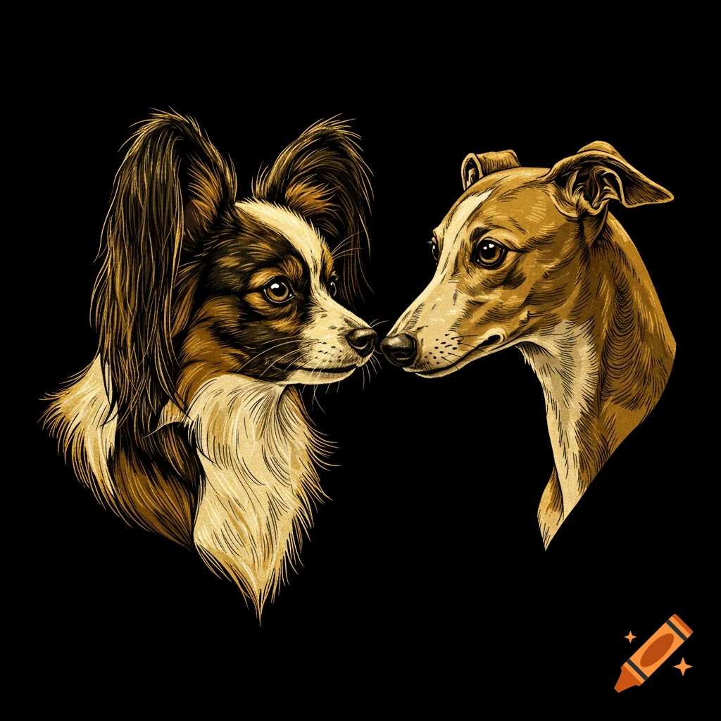 Black and gold illustration of a Papillon and Whippet looking at each ...
