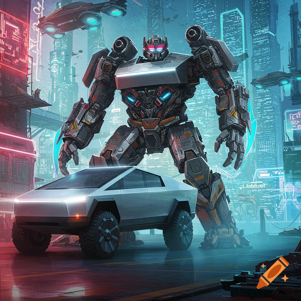 A giant robot stands behind a silver futuristic truck in a cyberpunk ...