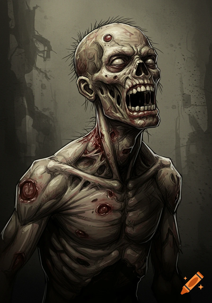 A stylized illustration of a zombie creature with exposed bones and ...