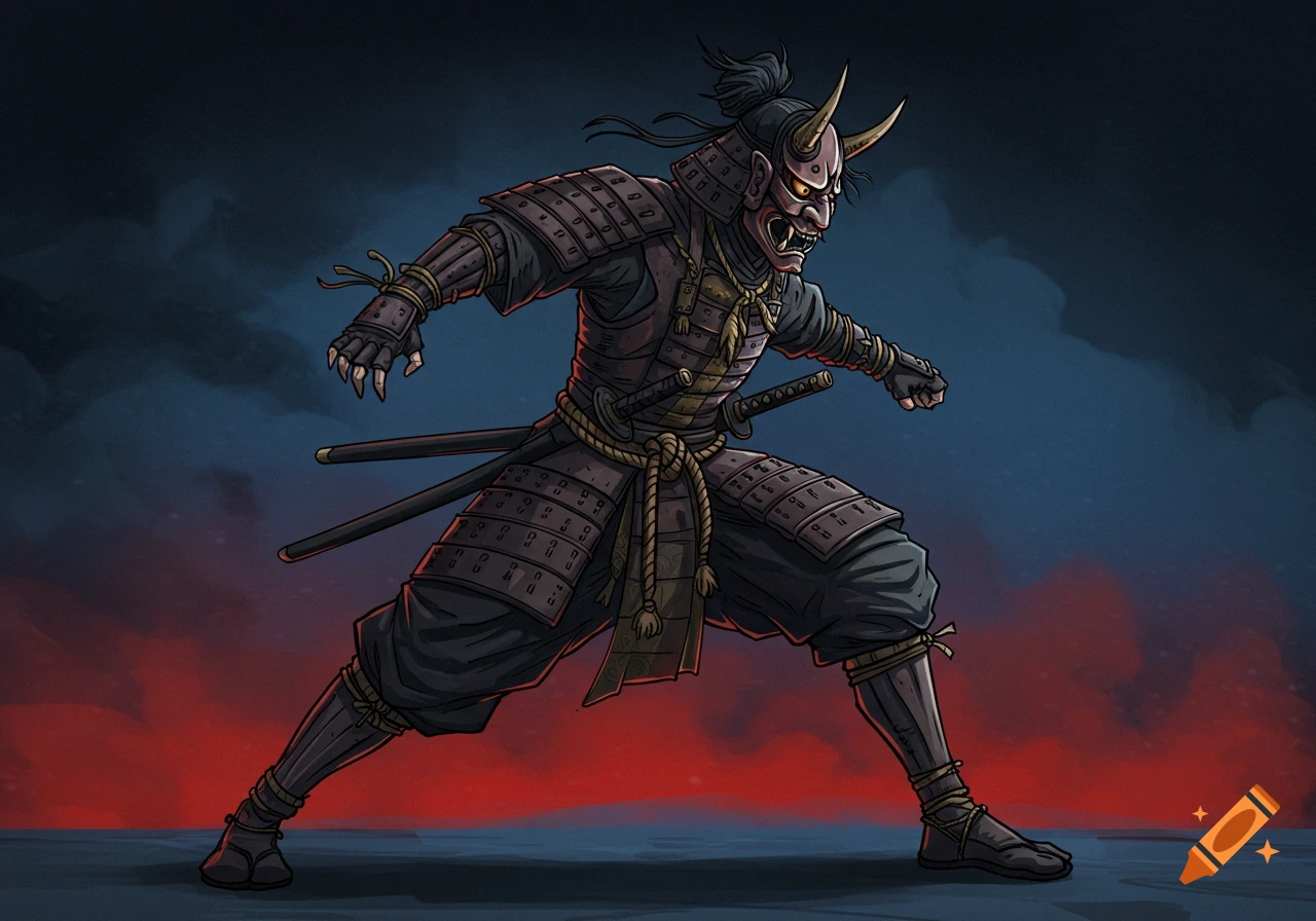 Illustration of a samurai wearing an oni mask in a fighting stance. on ...