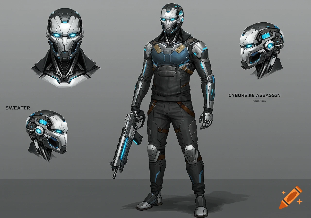 Concept art illustration of a cyborg assassin with rifle and head ...