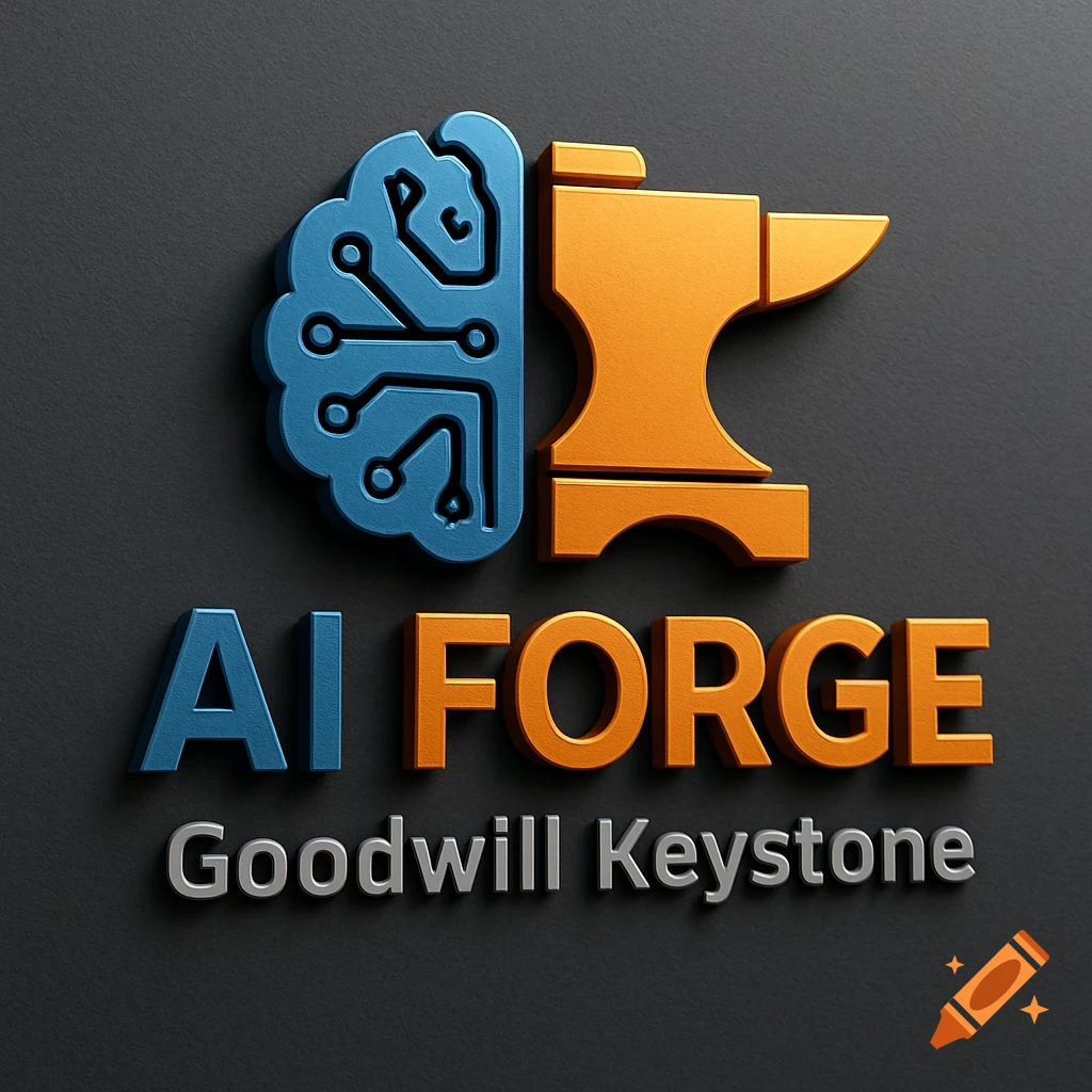 3D logo with blue circuit-board brain and orange anvil, text 'AI FORGE ...