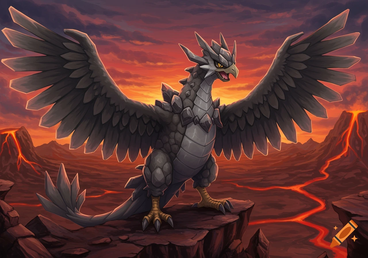 A gray rock dragon bird creature with wings spread stands on a rock in ...