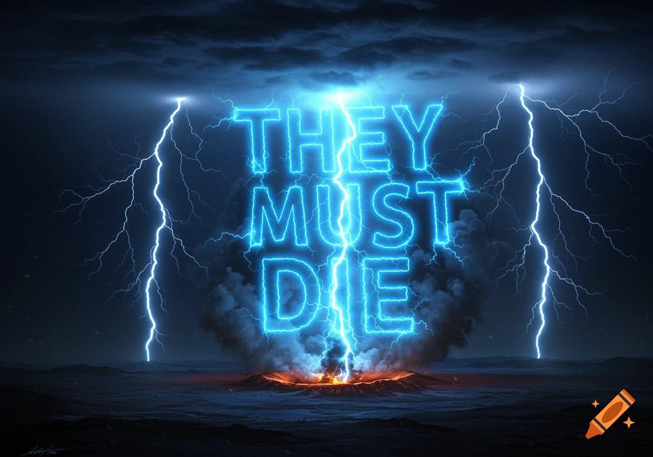 Blue lightning strikes near a smoking volcano, forming the words 'THEY ...