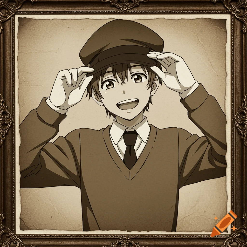 Anime style sepia vintage portrait of a young man smiling and adjusting ...