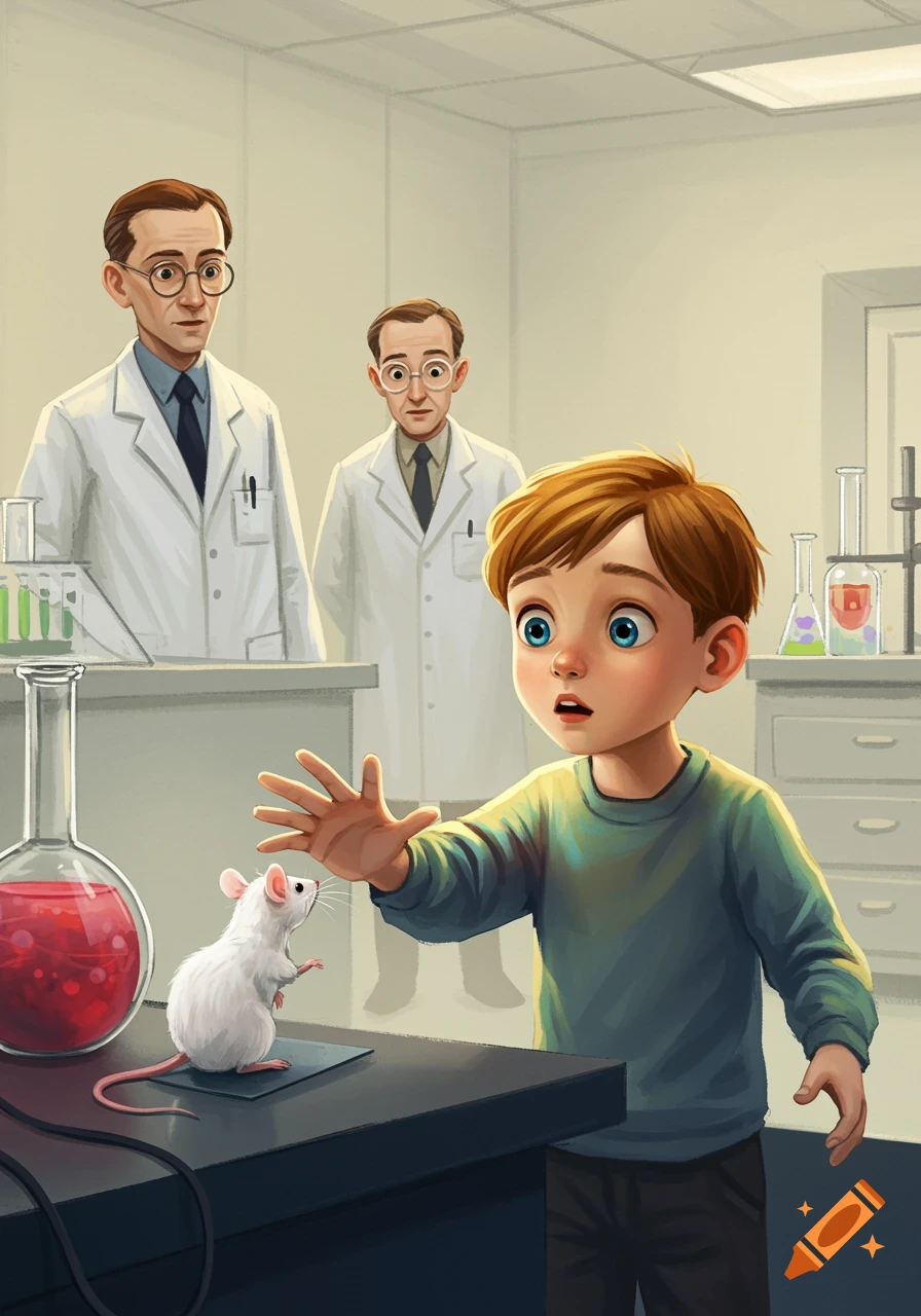 A boy reaches out to a white mouse in a lab as two scientists watch ...