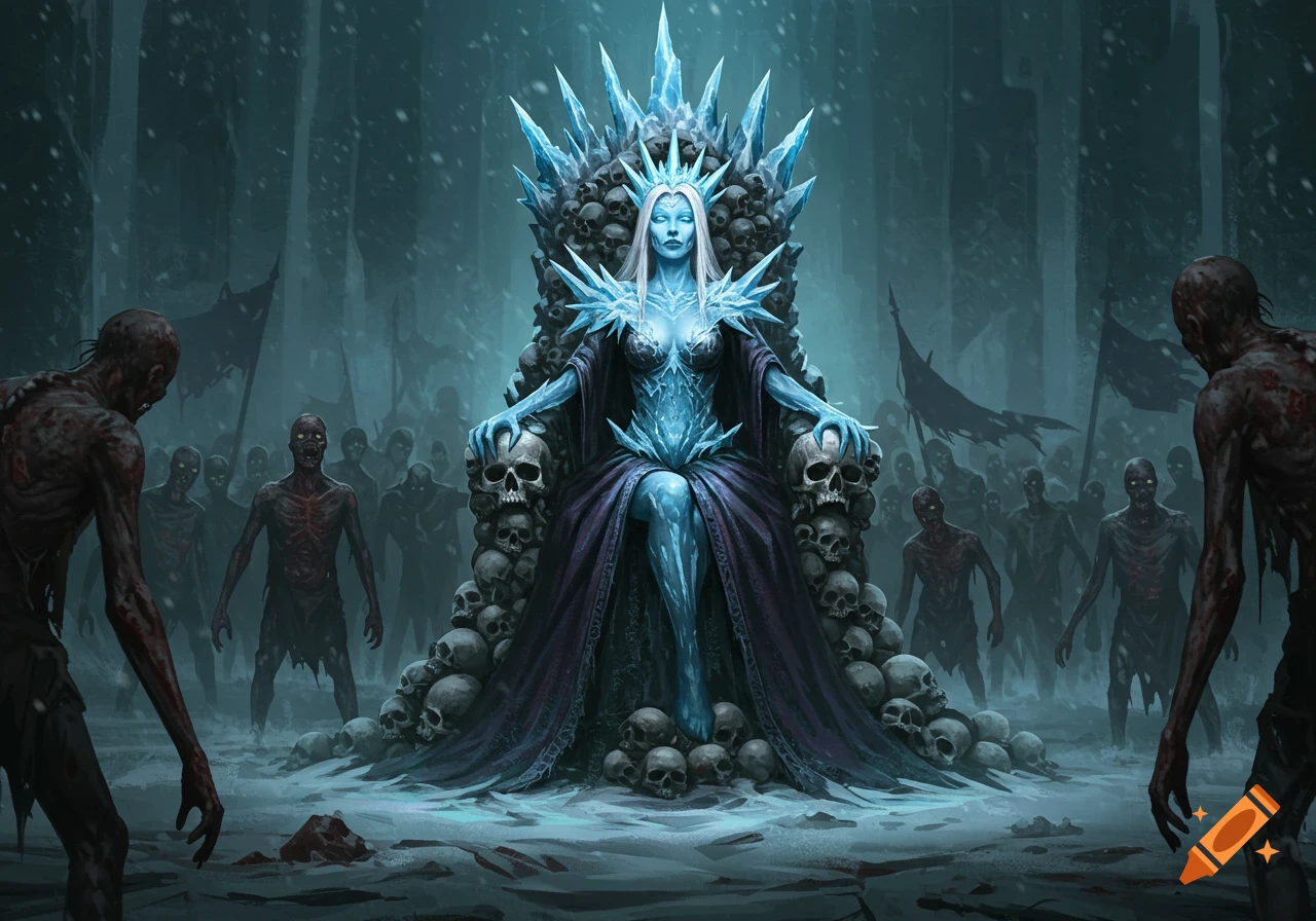 Undead ice queen sits on a throne of skulls, surrounded by a horde of ...