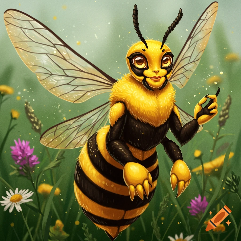 Illustration of a humanoid bee in a field of flowers and grass. on Craiyon