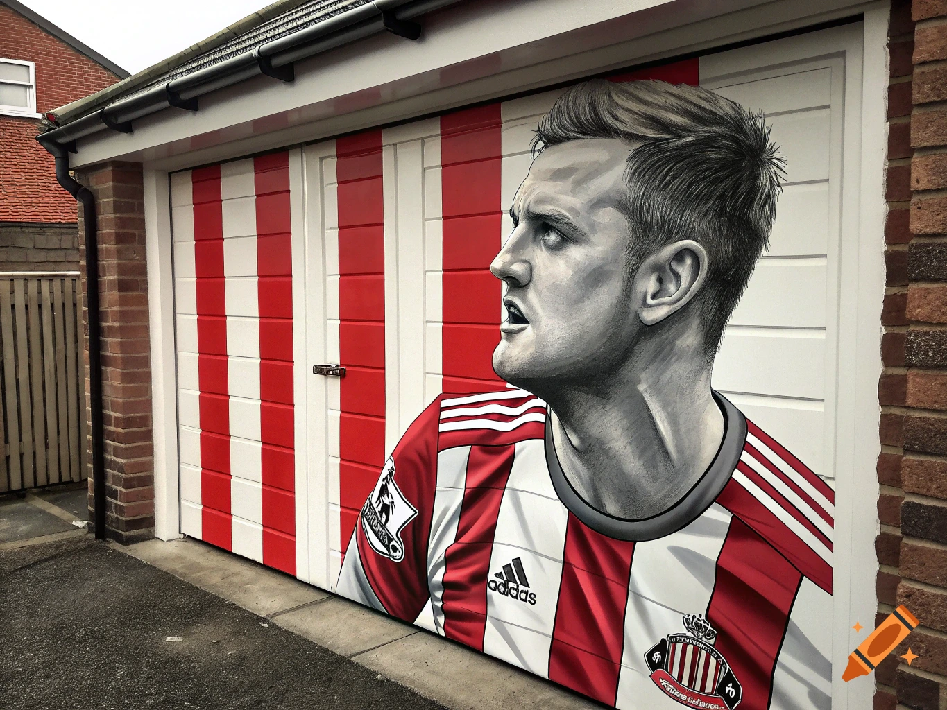 Mural of footballer Dan Ballard on a red and white striped garage door ...